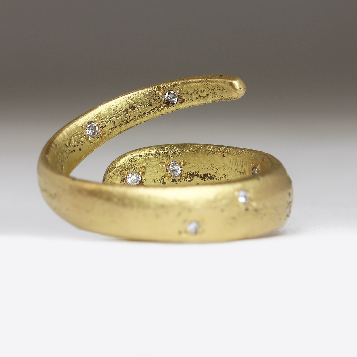 18ct Yellow Gold Sandcast Ensō Ring with Scatter of Heirloom Diamonds ...